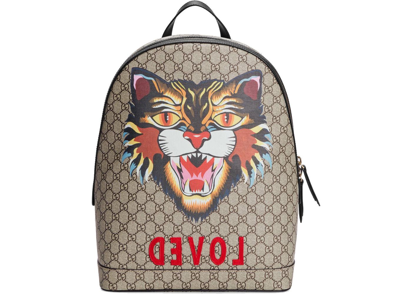 Gucci GG Supreme Angry Cat Backpack Monogram GG Embroidered Cat Beige ...