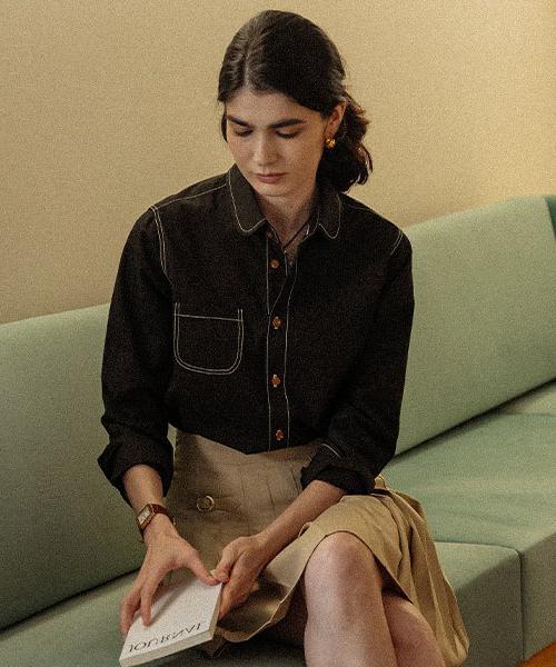 Stitch round collar pocket shirt_Black